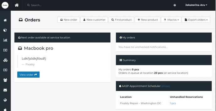 La pantalla de inicio de Fixably - Fixably